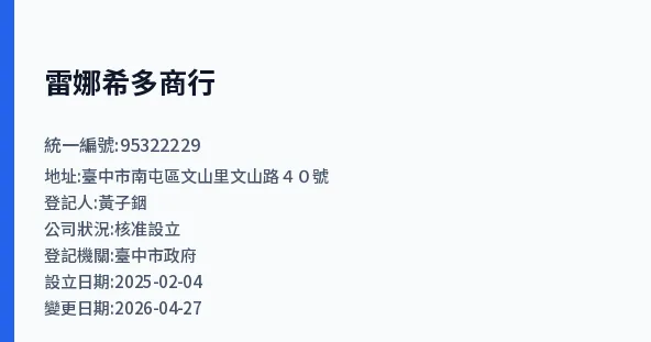 雷娜希多商行的照片-統編 95322229(臺中市) 公司登記資料與營業項目詳細圖表