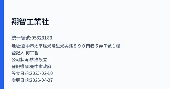 翔智工業社的照片-統編 95323183(臺中市) 公司登記資料與營業項目詳細圖表