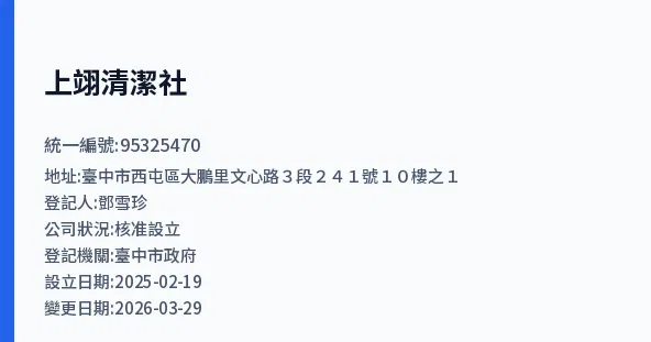 上翊清潔社的照片-統編 95325470(臺中市) 公司登記資料與營業項目詳細圖表