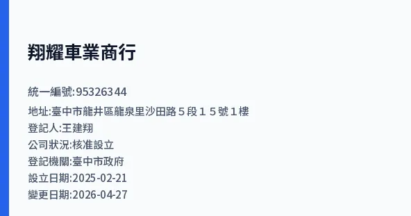 翔耀車業商行的照片-統編 95326344(臺中市) 公司登記資料與營業項目詳細圖表