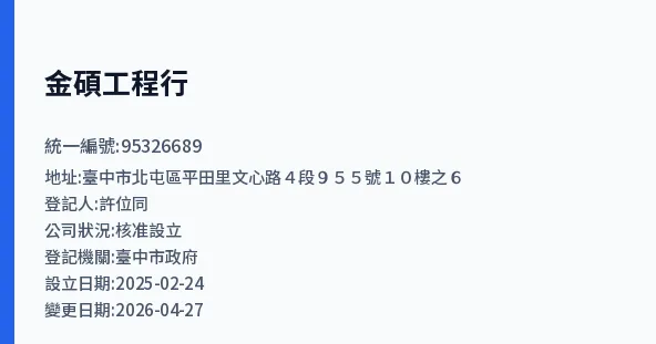 金碩工程行的照片-統編 95326689(臺中市) 公司登記資料與營業項目詳細圖表