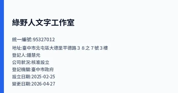綠野人文字工作室的照片-統編 95327012(臺中市) 公司登記資料與營業項目詳細圖表
