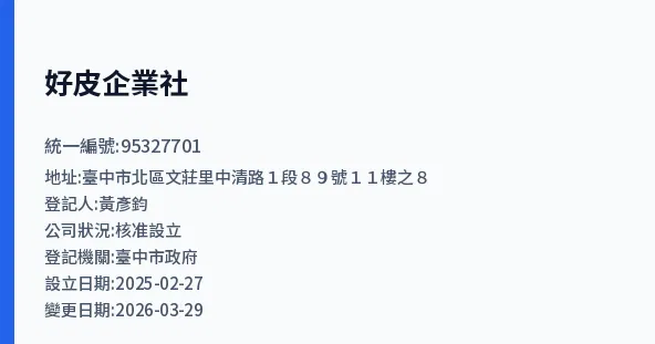 好皮企業社的照片-統編 95327701(臺中市) 公司登記資料與營業項目詳細圖表