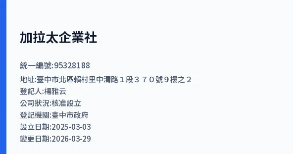 加拉太企業社的照片-統編 95328188(臺中市) 公司登記資料與營業項目詳細圖表