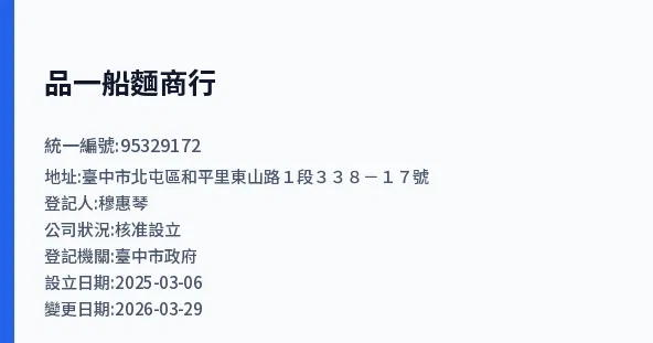 品一船麵商行的照片-統編 95329172(臺中市) 公司登記資料與營業項目詳細圖表