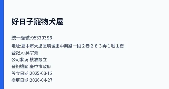 好日子寵物犬屋的照片-統編 95330396(臺中市) 公司登記資料與營業項目詳細圖表