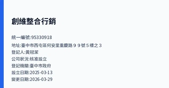 創維整合行銷的照片-統編 95330918(臺中市) 公司登記資料與營業項目詳細圖表
