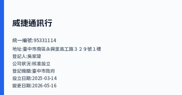威捷通訊行的照片-統編 95331114(臺中市) 公司登記資料與營業項目詳細圖表