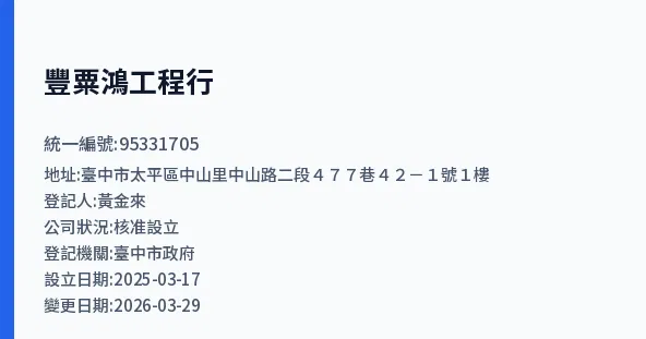 豐粟鴻工程行的照片-統編 95331705(臺中市) 公司登記資料與營業項目詳細圖表