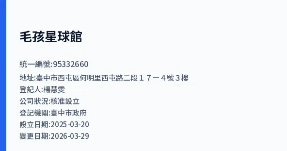 毛孩星球館的照片-統編 95332660(臺中市) 公司登記資料與營業項目詳細圖表