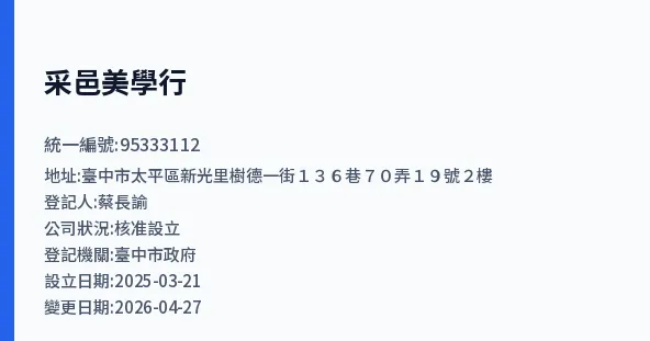 采邑美學行的照片-統編 95333112(臺中市) 公司登記資料與營業項目詳細圖表