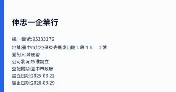 伸忠一企業行的照片-統編 95333176(臺中市) 公司登記資料與營業項目詳細圖表