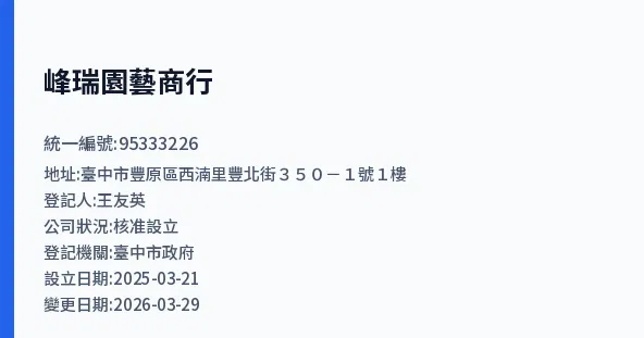 峰瑞園藝商行的照片-統編 95333226(臺中市) 公司登記資料與營業項目詳細圖表