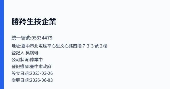 勝羚生技企業的照片-統編 95334479(臺中市) 公司登記資料與營業項目詳細圖表