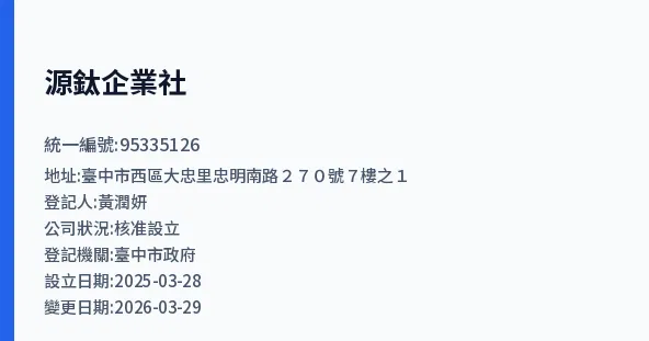源鈦企業社的照片-統編 95335126(臺中市) 公司登記資料與營業項目詳細圖表