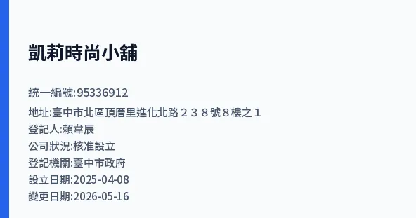 凱莉時尚小舖的照片-統編 95336912(臺中市) 公司登記資料與營業項目詳細圖表