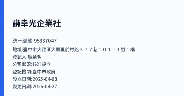 謙幸光企業社的照片-統編 95337047(臺中市) 公司登記資料與營業項目詳細圖表