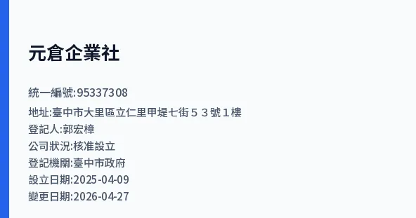 元倉企業社的照片-統編 95337308(臺中市) 公司登記資料與營業項目詳細圖表