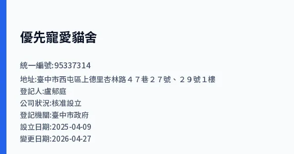 優先寵愛貓舍的照片-統編 95337314(臺中市) 公司登記資料與營業項目詳細圖表