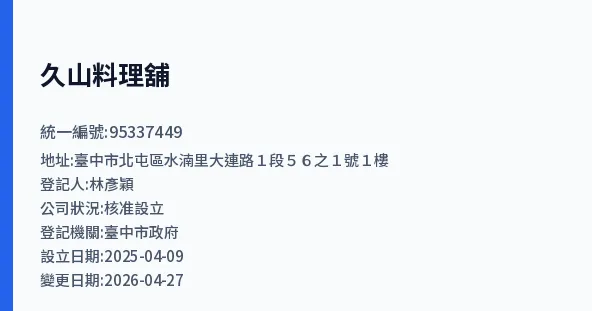 久山料理舖的照片-統編 95337449(臺中市) 公司登記資料與營業項目詳細圖表