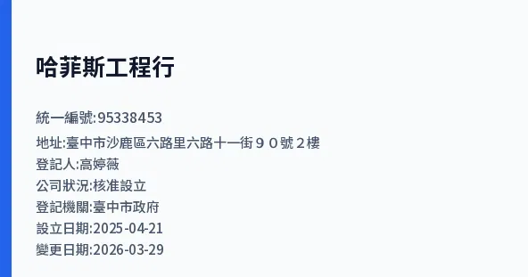 哈菲斯工程行的照片-統編 95338453(臺中市) 公司登記資料與營業項目詳細圖表