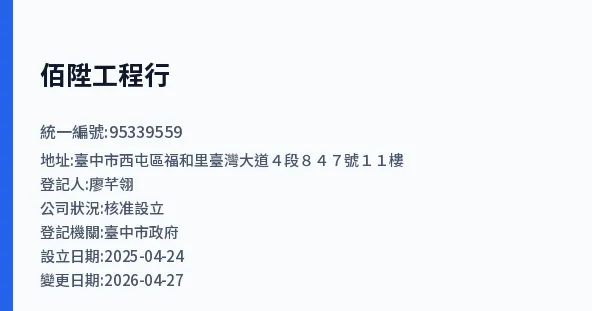佰陞工程行的照片-統編 95339559(臺中市) 公司登記資料與營業項目詳細圖表