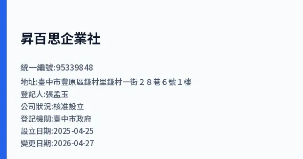 昇百思企業社的照片-統編 95339848(臺中市) 公司登記資料與營業項目詳細圖表