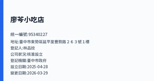 廖芩小吃店的照片-統編 95340227(臺中市) 公司登記資料與營業項目詳細圖表