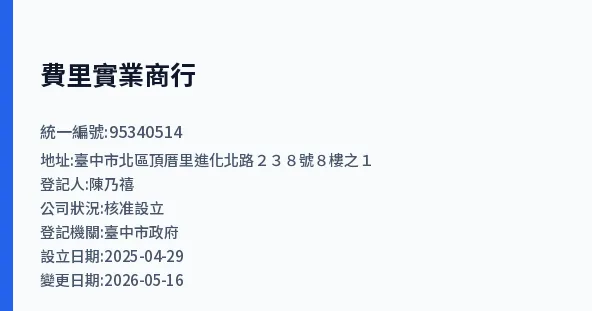 費里實業商行的照片-統編 95340514(臺中市) 公司登記資料與營業項目詳細圖表