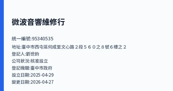 微波音響維修行的照片-統編 95340535(臺中市) 公司登記資料與營業項目詳細圖表
