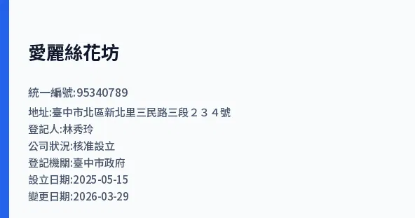 愛麗絲花坊的照片-統編 95340789(臺中市) 公司登記資料與營業項目詳細圖表