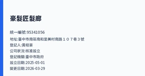 豪髮匠髮廊的照片-統編 95341056(臺中市) 公司登記資料與營業項目詳細圖表