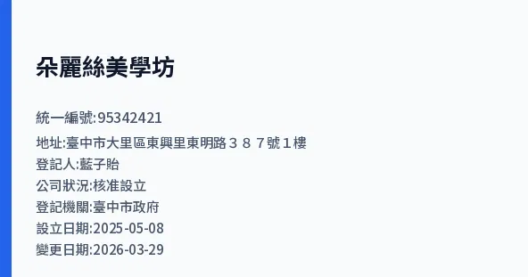 朵麗絲美學坊的照片-統編 95342421(臺中市) 公司登記資料與營業項目詳細圖表