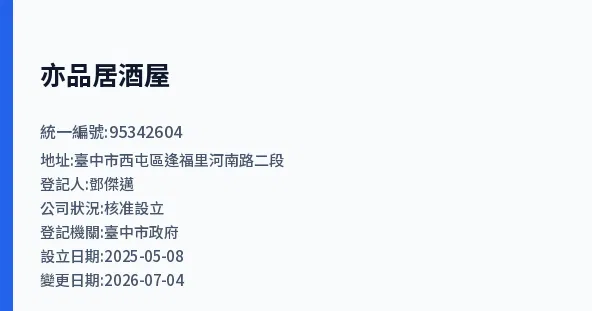 亦品居酒屋的照片-統編 95342604(臺中市) 公司登記資料與營業項目詳細圖表