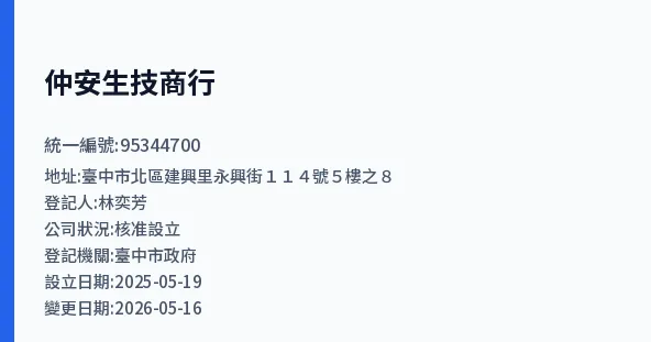 仲安生技商行的照片-統編 95344700(臺中市) 公司登記資料與營業項目詳細圖表