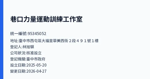 巷口力量運動訓練工作室的照片-統編 95345052(臺中市) 公司登記資料與營業項目詳細圖表