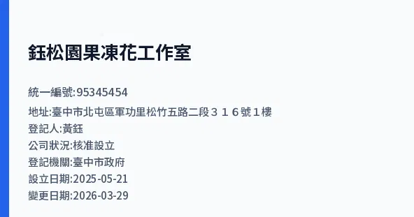 鈺松園果凍花工作室的照片-統編 95345454(臺中市) 公司登記資料與營業項目詳細圖表
