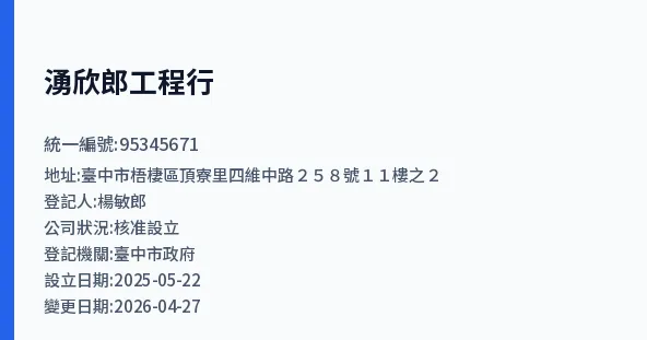 湧欣郎工程行的照片-統編 95345671(臺中市) 公司登記資料與營業項目詳細圖表