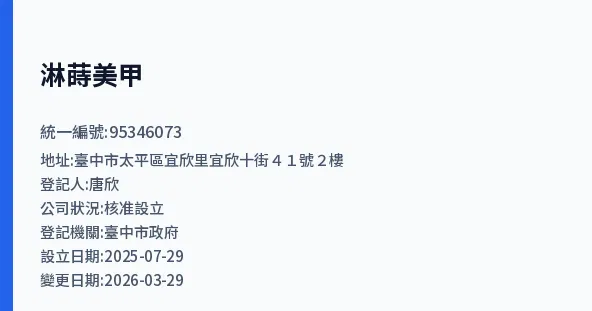 淋蒔美甲的照片-統編 95346073(臺中市) 公司登記資料與營業項目詳細圖表