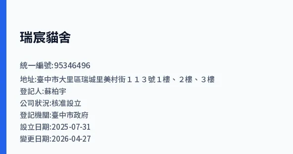 瑞宸貓舍的照片-統編 95346496(臺中市) 公司登記資料與營業項目詳細圖表