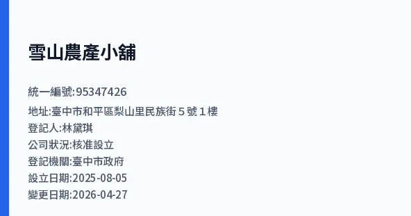 雪山農產小舖的照片-統編 95347426(臺中市) 公司登記資料與營業項目詳細圖表