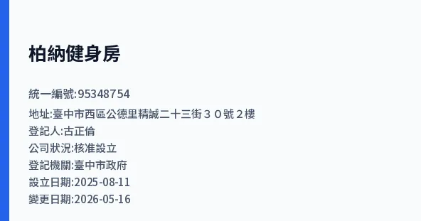 柏納健身房的照片-統編 95348754(臺中市) 公司登記資料與營業項目詳細圖表