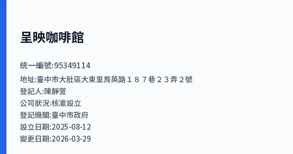 呈映咖啡館的照片-統編 95349114(臺中市) 公司登記資料與營業項目詳細圖表
