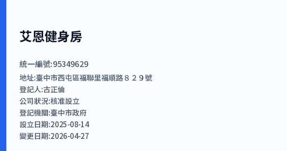 艾恩健身房的照片-統編 95349629(臺中市) 公司登記資料與營業項目詳細圖表