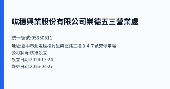 竑穗興業股份有限公司崇德五三營業處的照片-統編 95350511(臺中市) 公司登記資料與營業項目詳細圖表
