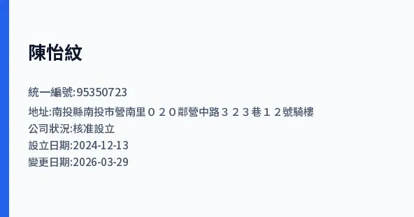 陳怡紋的照片-統編 95350723(南投縣) 公司登記資料與營業項目詳細圖表