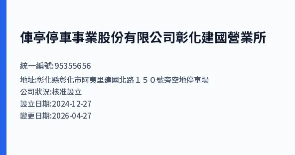 俥亭停車事業股份有限公司彰化建國營業所的照片-統編 95355656(彰化縣) 公司登記資料與營業項目詳細圖表