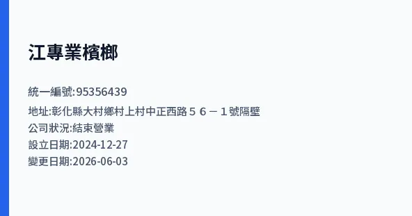 江專業檳榔的照片-統編 95356439(彰化縣) 公司登記資料與營業項目詳細圖表