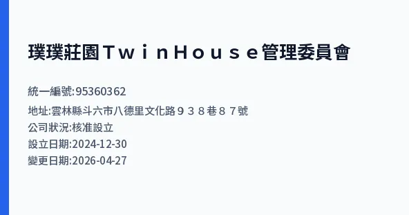 璞璞莊園Twin House 管理委員會的照片-統編 95360362(雲林縣) 公司登記資料與營業項目詳細圖表