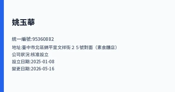 姚玉華的照片-統編 95360882(臺中市) 公司登記資料與營業項目詳細圖表